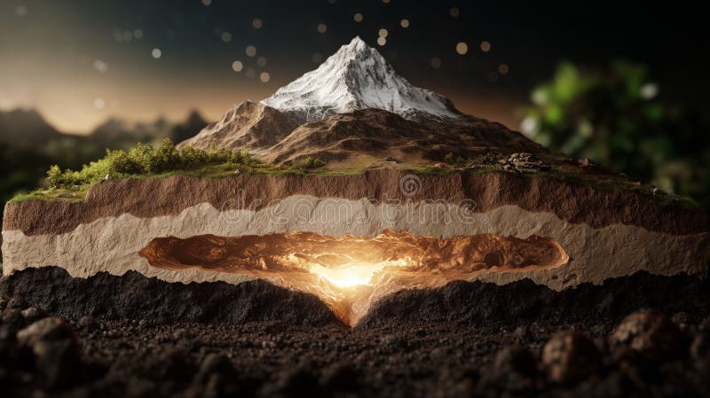 Cross Section of Earth with Mountain and Underground Cavern Featuring ...