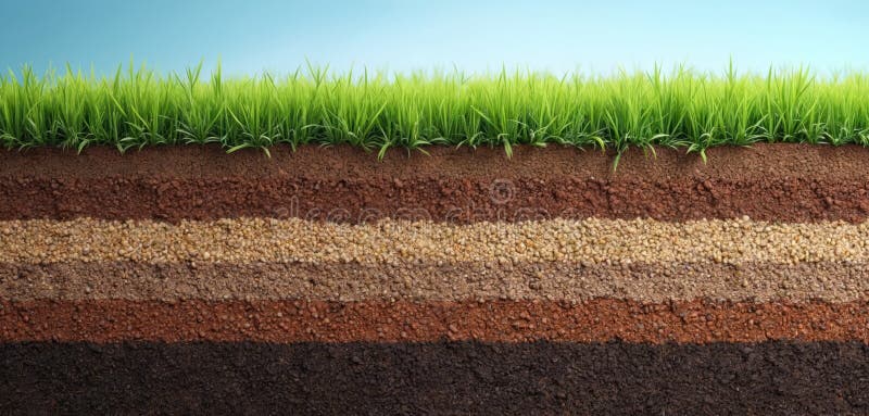 Cross-section of Earth Showing Layered Soil Structure with Green Grass on Top. Different Strata ...
