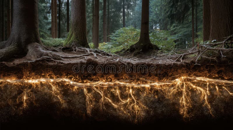 Cross-section of Forest Soil, Luminous Mycorrhizal Network, Connection ...