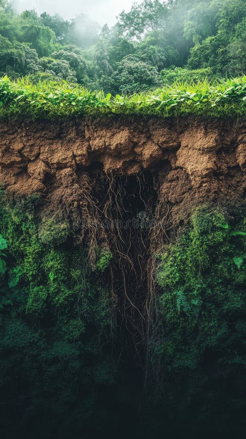 Cross Section of Forest Soil with Roots Exposed, Lush Greenery Above ...