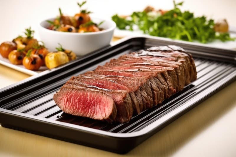 Cross-section of a Grilled Beef Steak on a Ceramic Platter Stock Photo ...