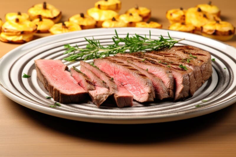 Cross-section of a Grilled Beef Steak on a Ceramic Platter Stock Photo ...