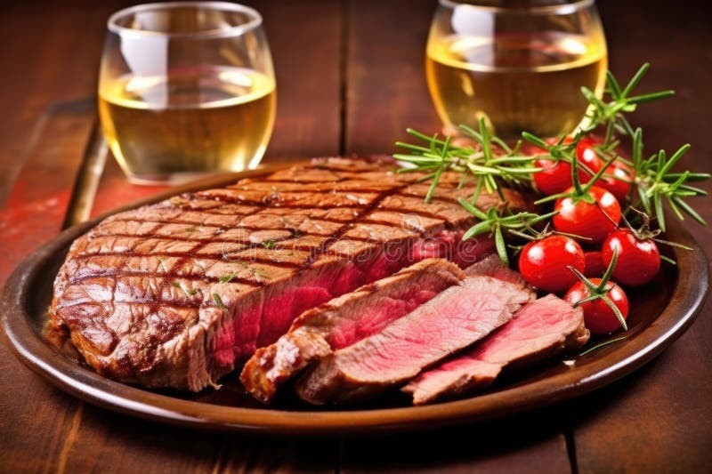 Cross-section of a Grilled Beef Steak on a Ceramic Platter Stock Photo ...