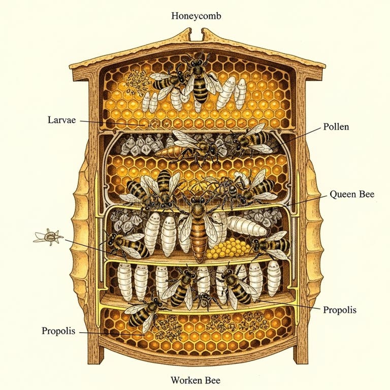 Cross-section Illustration of a Beehive, Showing Organized Compartments ...