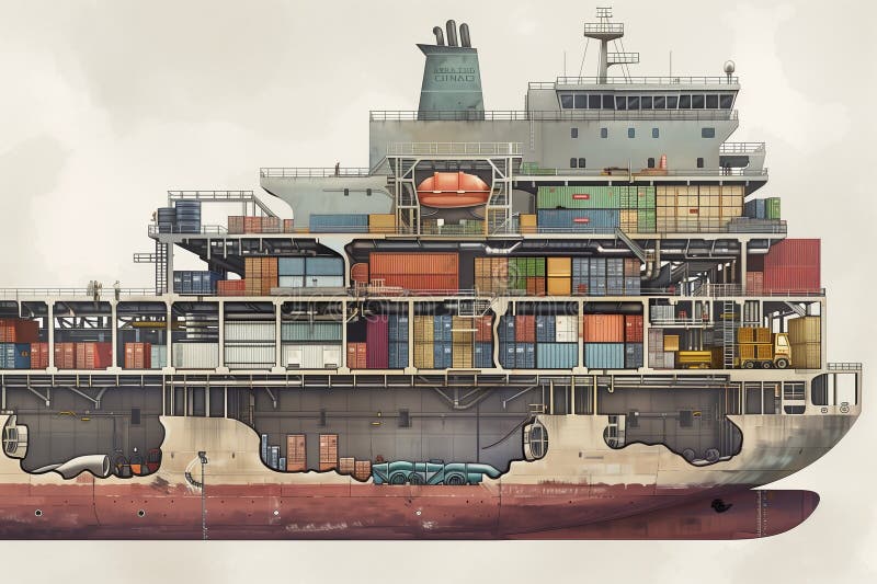 Detailed Cross Section Illustration Container Cargo Ship Stock Photos ...