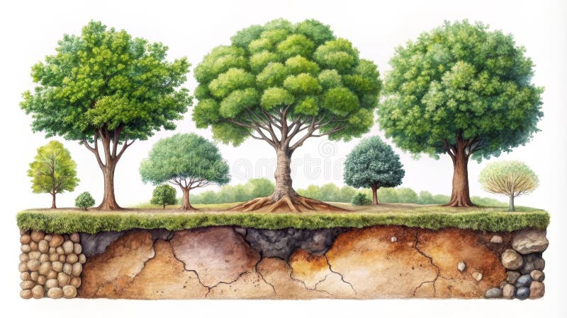 Cross-section Illustration of Diverse Trees and Soil Layers Revealing a ...