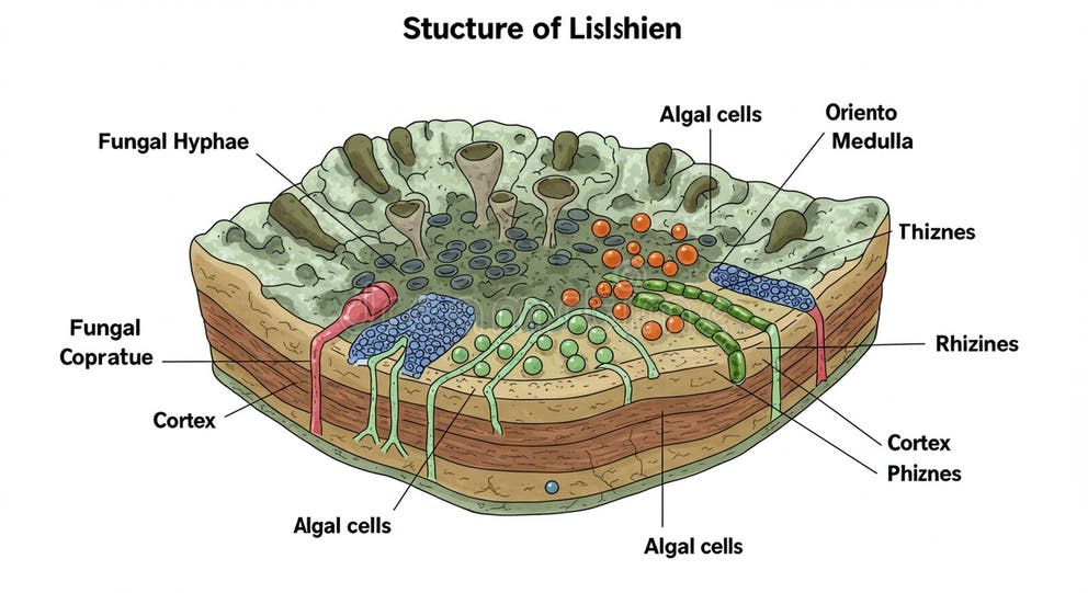 Cross-section Illustration of a Lichen Structure with Labeled ...