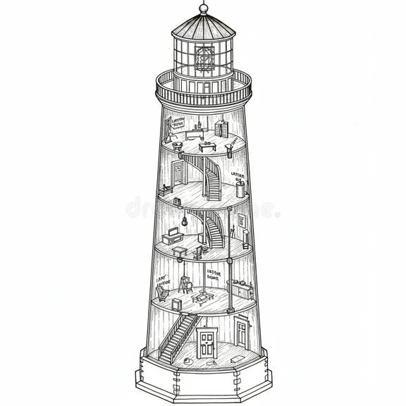 Cross-section Illustration of a Multi-level Lighthouse, Each Floor ...