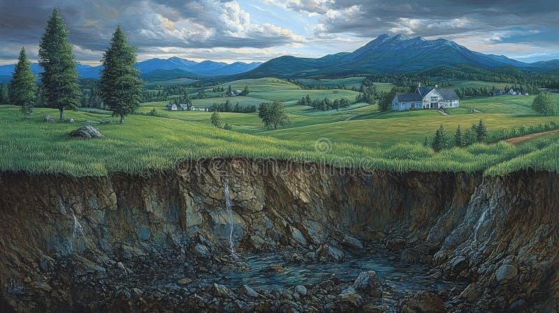 Cross Section Landscape Revealing Soil Layers and Rural Scenery Stock ...