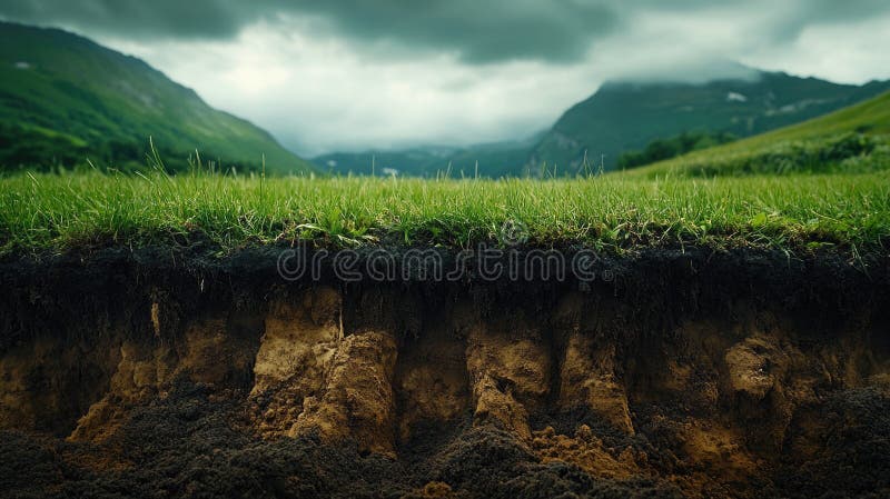 Cross-section of Soil Layers and Grass with Cloudy Sky Stock Photo ...