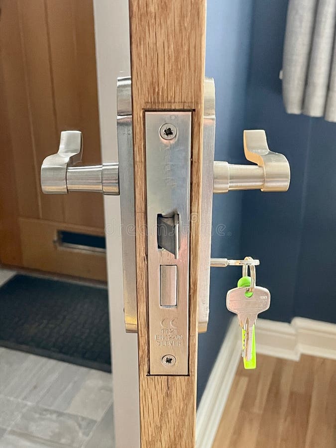 Cross-section of Modern Chrome Door Handle on Wooden Door with Lock and ...