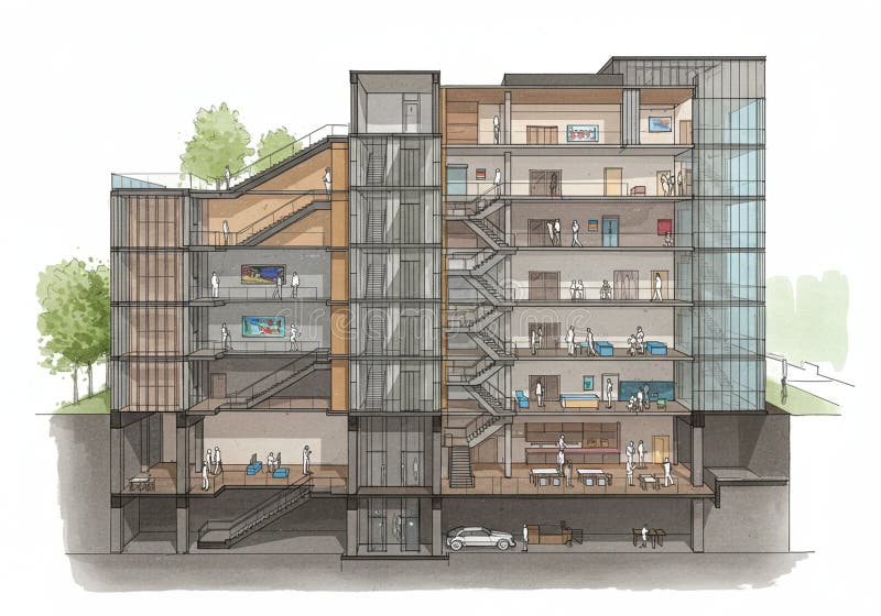 Cross-section of a Multi-story Building Showcasing Interior Layout ...