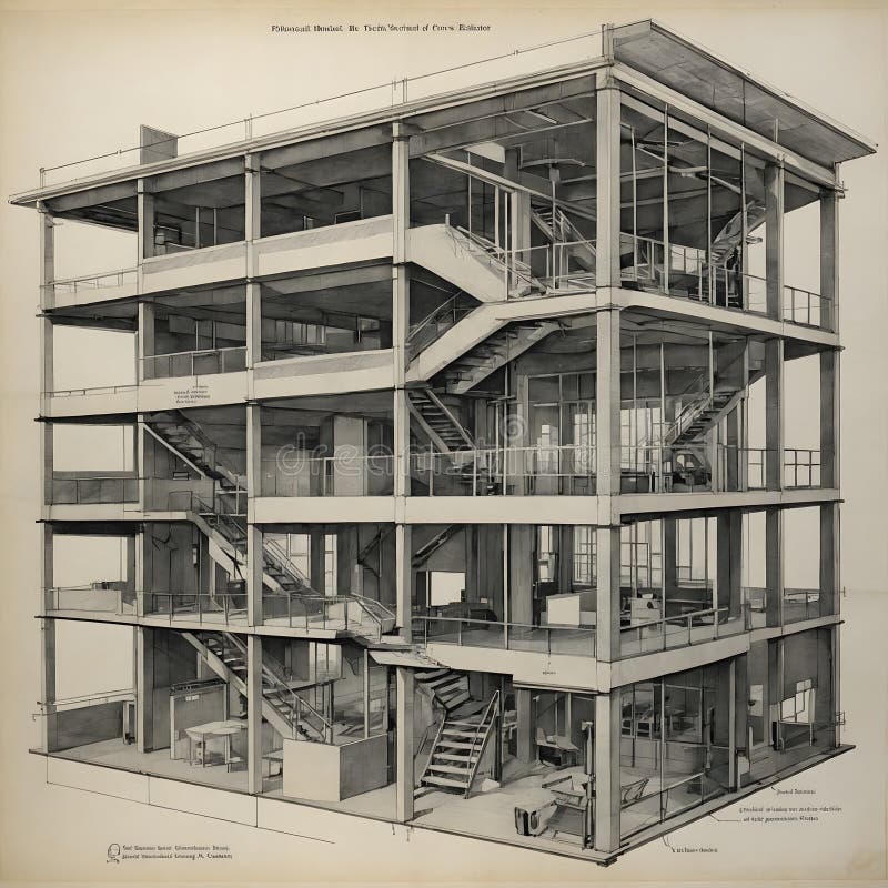 Cross-Section of a Multi-Story Office Building Showing Internal ...