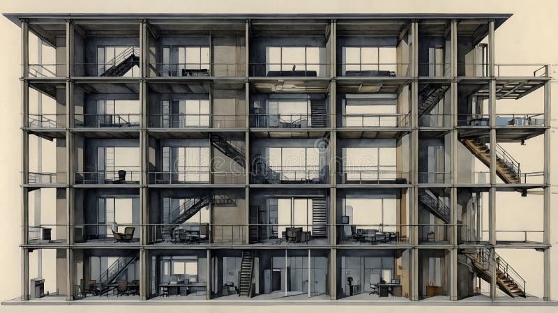 Cross-Section of a Multi-Story Office Building Showing Internal ...