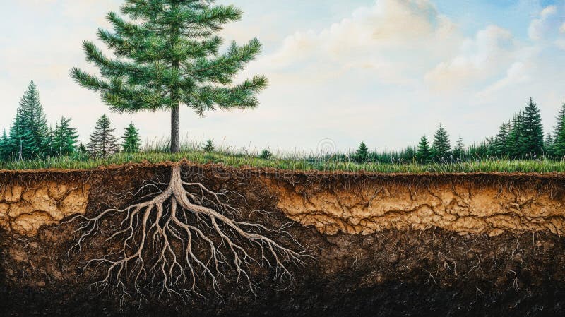 Cross-section of Pine Tree with Roots in Forest Landscape Stock Photo ...