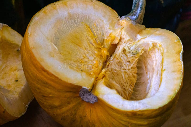 Cross-section of a Pumpkin with Cells for Seeds. Stock Image - Image of ...