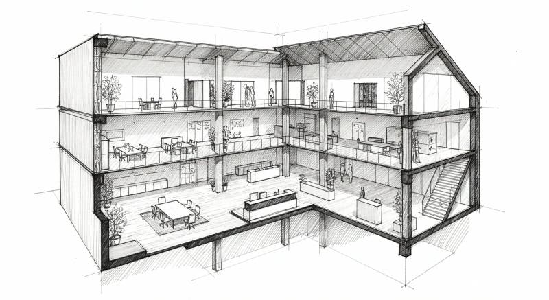 Cross-section Sketch of a Modern, Multi-level Building, Showcasing an ...