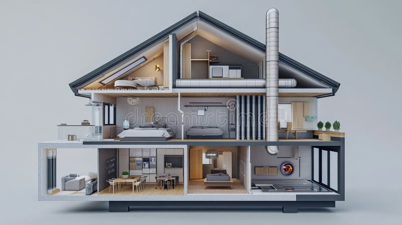 Cross-section of Smart Home with Duct System. Stock Illustration ...