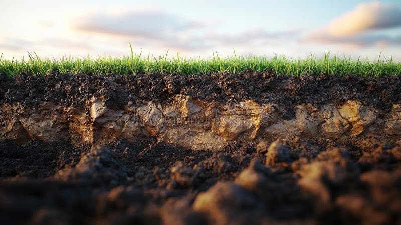 Cross-section of Soil Layers with Grass and Sky at Sunset Stock Photo ...