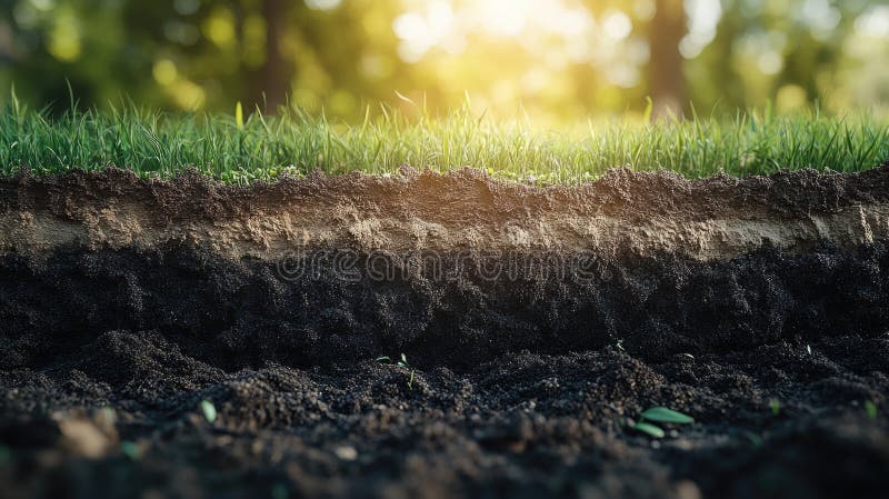 Cross-section of Soil Layers in Sunlit Garden Landscape with Grass ...