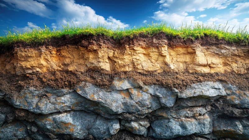 Cross Section Soil Rock Layers Green Grass Under Blue Sky Stock Photos ...