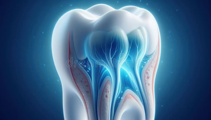 Cross-section of Tooth with Glowing Internal Structures. Focuses on ...