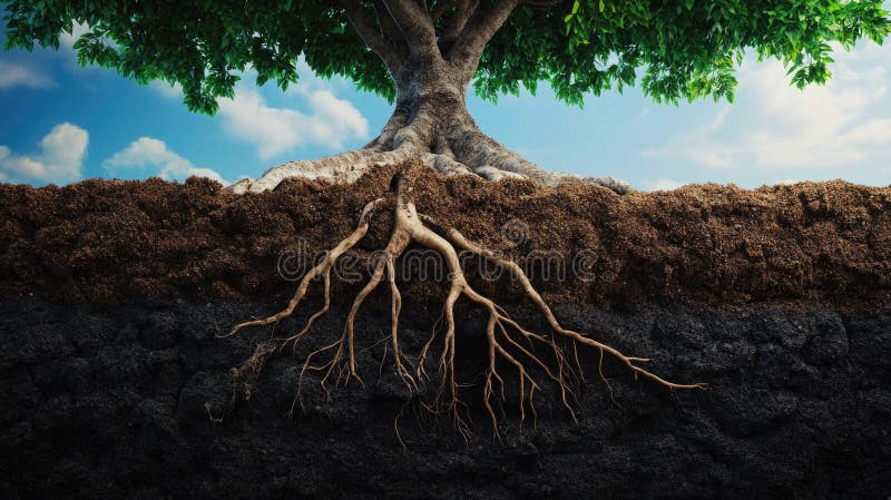 Cross-section of Tree Showing Roots and Soil Layers Against Blue Sky ...