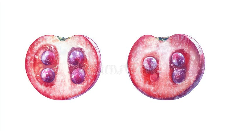 A Crosssection of Two Red Cherries Displaying Their Seeds and Fruit ...