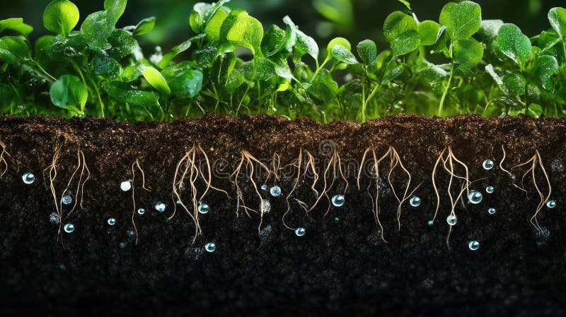 Cross-section of Vibrant Green Plants with Root System and Water ...