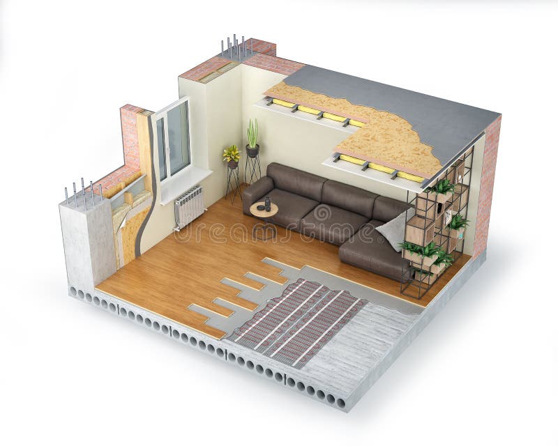 House Cross Section, View on Bathroom, Kitchen and Living Room Stock ...