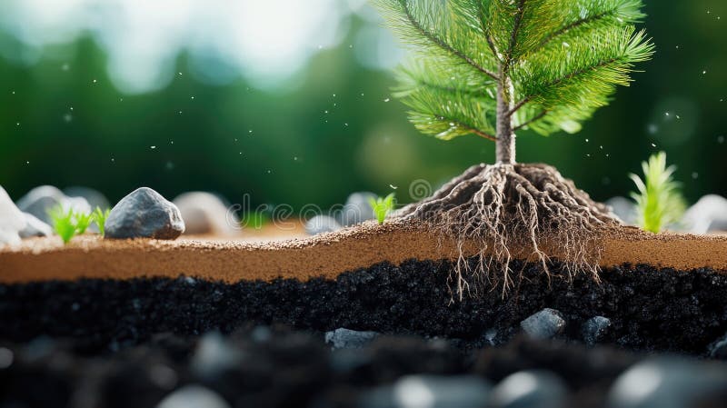 Cross-section of a Young Pine Tree with Detailed Roots in Natural Soil ...