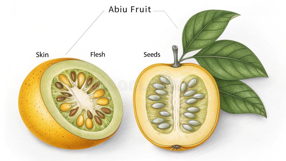 Detailed Illustration of Abiu Fruit Cross Sections with Skin Flesh Seeds and Leaves Stock ...