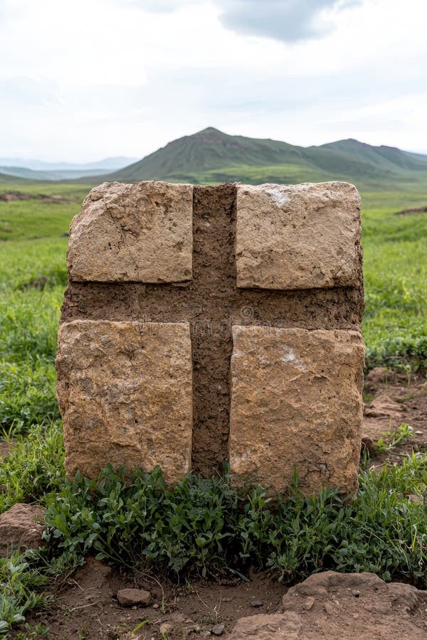 Cross-shaped Stone Monument in Grassy Field with Mountains in ...