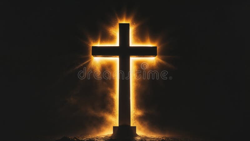 Cross Silhouette Illuminated by Golden Light in a Dark Setting Stock ...