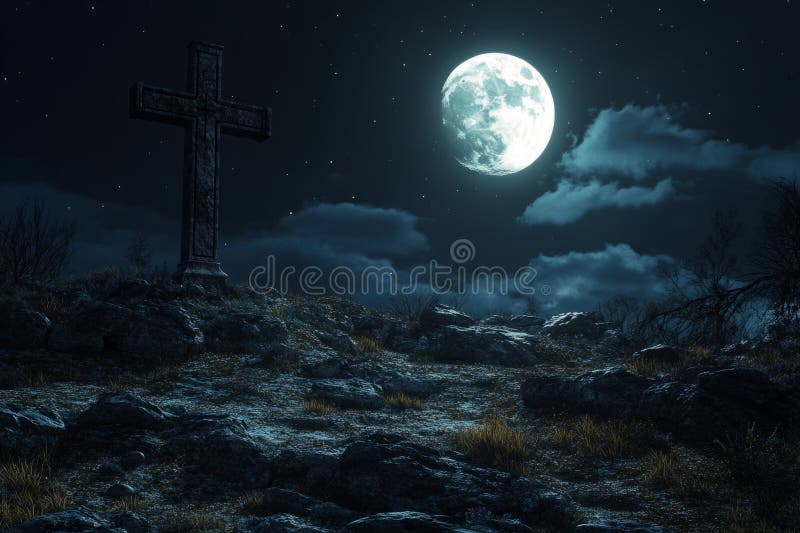 Cross Silhouetted Against a Bright Full Moon and Starry Night Sky Stock ...