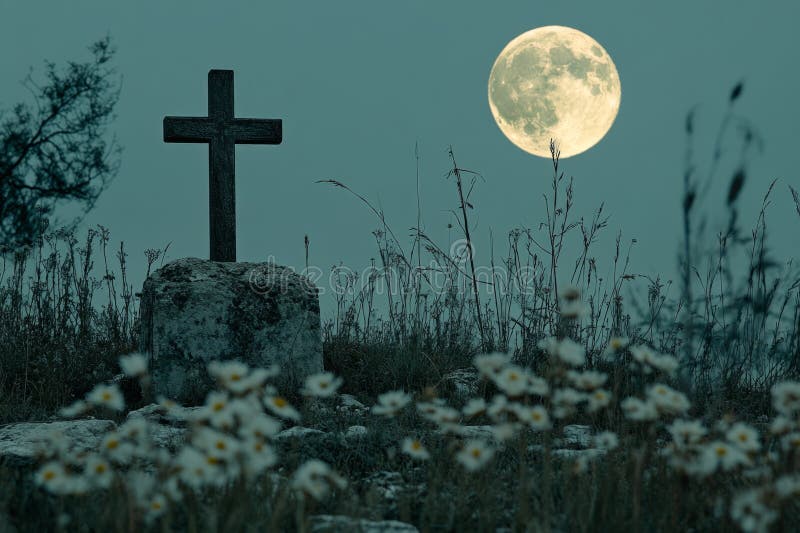 Cross Silhouetted Against a Full Moon with Wildflowers in the ...