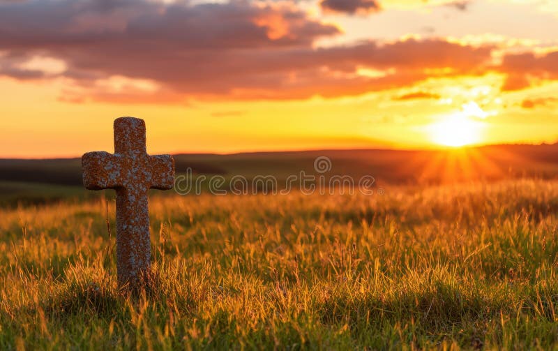 Cross Silhouetted Against a Sunset in a Peaceful Field, Symbolizing ...