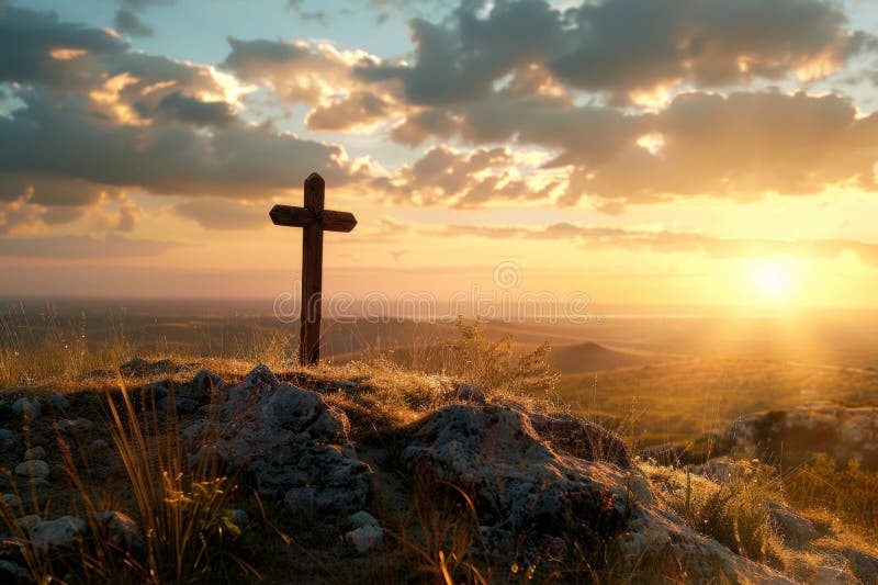 A Cross Sitting on Top of a Rocky Hill Stock Photo - Image of view ...