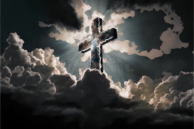 Cross on the Sky with Clouds and Rays of Light Coming from Above Stock ...