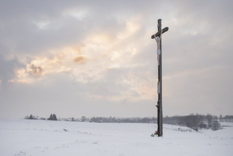 Cross in Snow during Sunset Stock Photo - Image of religy, snowstorm ...
