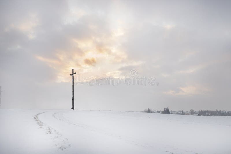 Cross in Snow during Sunset Stock Image - Image of religy, white: 210498699