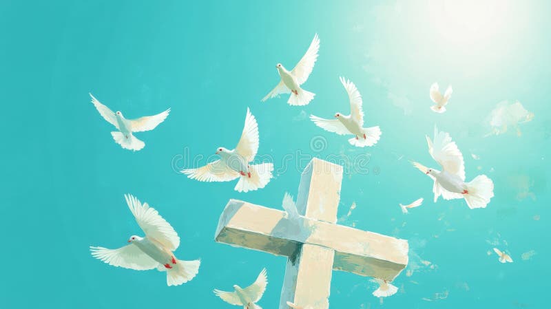 Cross and Soaring Doves Under Bright Sky, Symbol of Freedom. Easter ...