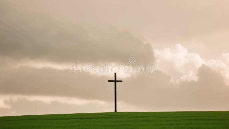 Cross Standing Alone in a Grassy Field Under Clouds. Stock Photo ...