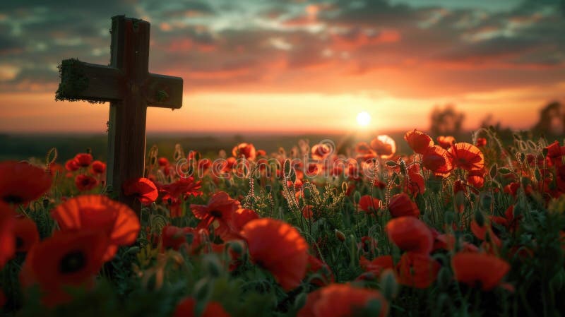 A Cross Standing in a Bright Red Poppy Field Stock Photo - Image of ...