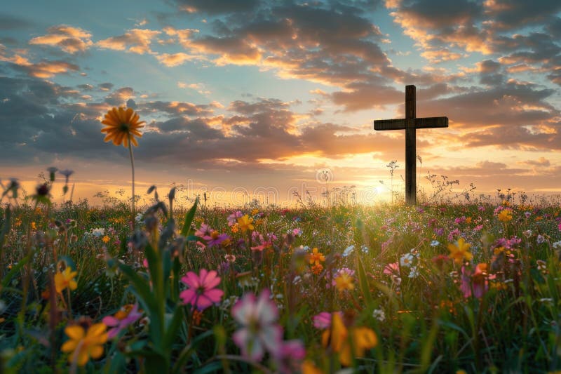 A Cross Standing in a Field of Colorful Flowers Stock Photo - Image of ...