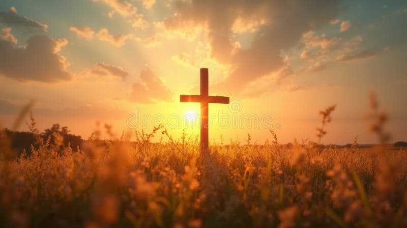 Cross is Standing in a Field of Flowers at Sunset Stock Photo - Image ...
