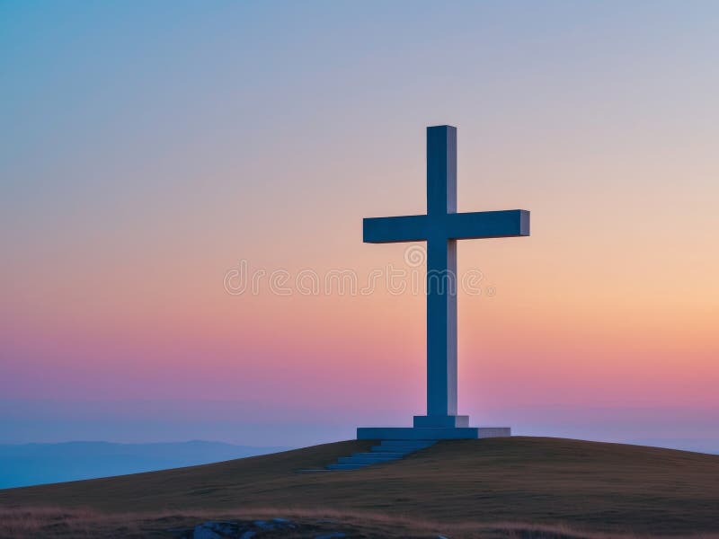 A Cross Standing on a Hilltop Illuminated by the Setting Sun Stock ...
