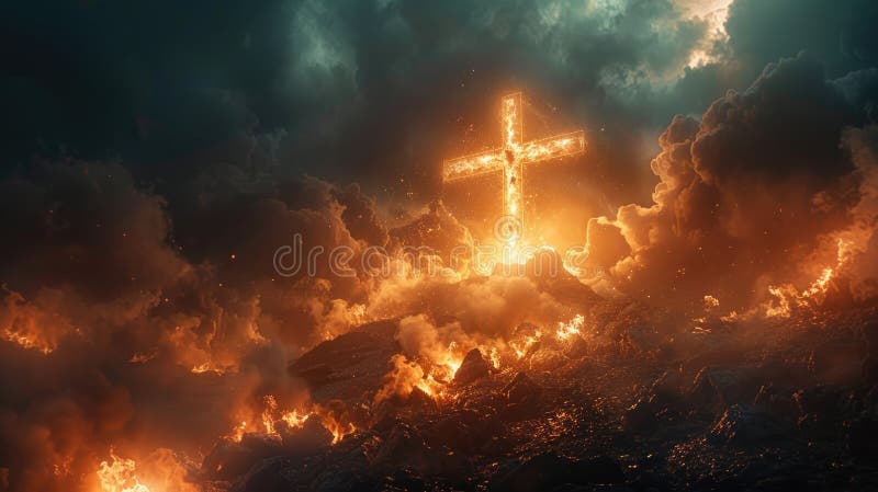 A Cross is Standing on the Mountain with Jesus S Arms Raised High ...