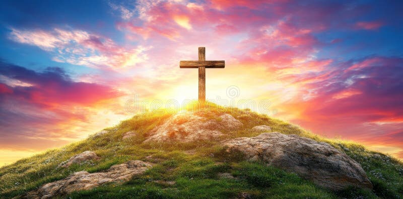 A Cross Stands on a Hillside Beneath a Dramatic Sky at Sunrise, Casting ...