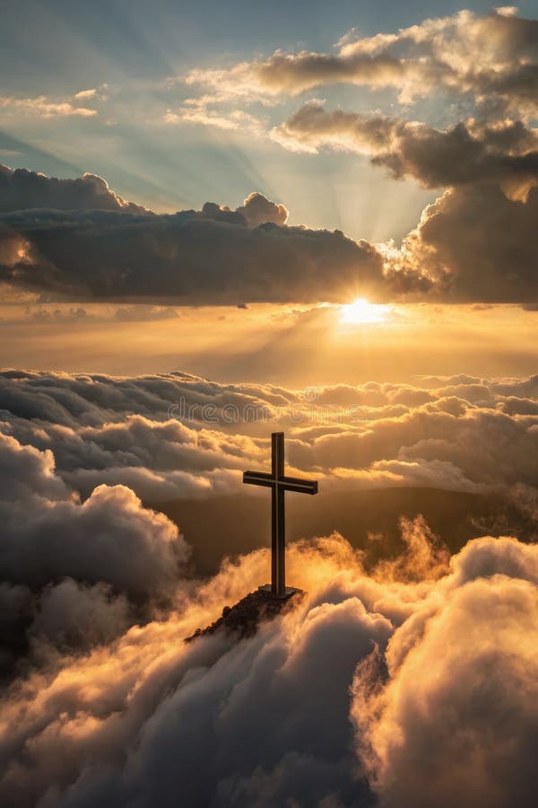 Dramatic Sunset Behind a Cross Rising Above the Clouds in a Serene ...